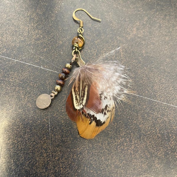 Boho Mens Long Feather Single Earring- Exotic Wood Beaded Earring ...