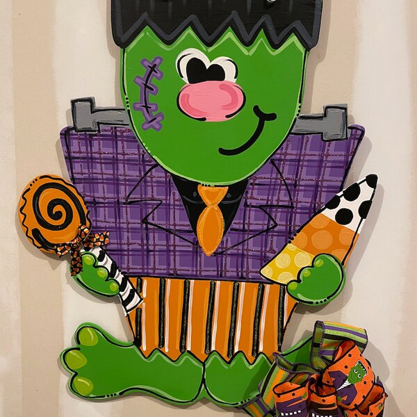 Spooky Cute Halloween Sign, Frankenstein Wooden Door Hanger, Fall Decor ...