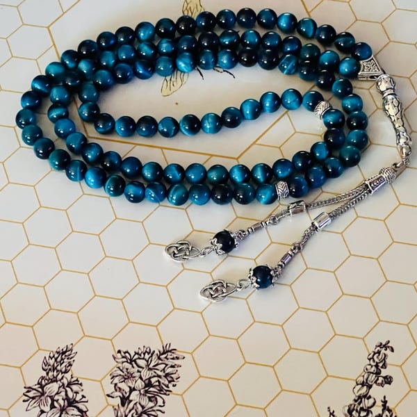 REAL Blue Tiger Eye Islamic Prayer Beads, Natural Stone 99 Beads, Worry ...