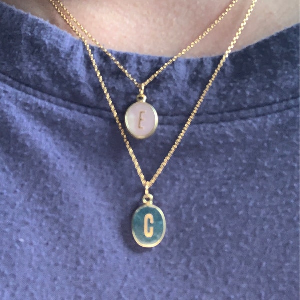 Oval Initial Gemstone Necklace, Gold Initial Necklace, Initial Pendant ...