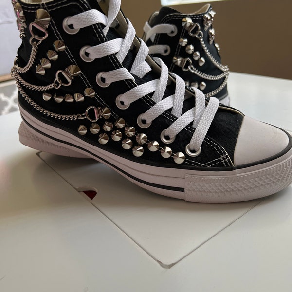 Studded CONVERSE Chucks Sneakers High Tops Black With Chains & Skulls ...