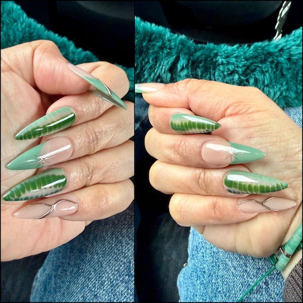 Green Croc Skin Snake Skin Design, Y2K Chic French Tip Press on Nails ...