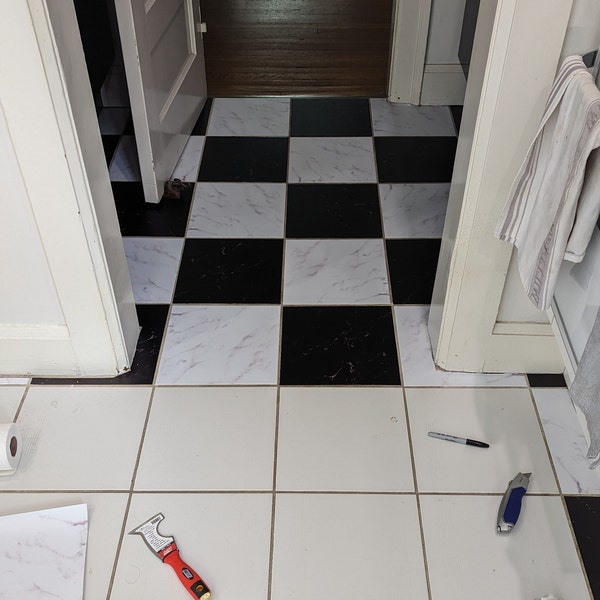 Marble Black & White Checker Vinyl Tile Stickers Floor Decal Removable ...