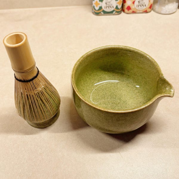 Green Ceramic Matcha Bowl Set With Spout Bamboo Whisk and Chasen Holder ...