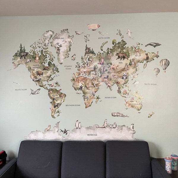 World Map Wall Decal, Animal World Map Decal, Kids World Map Decal, Nursery Map Decal - Etsy