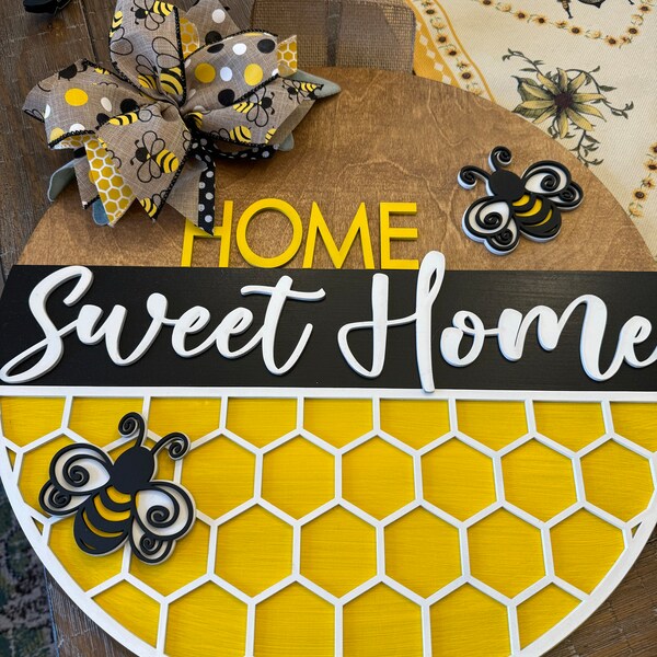 Front Door Decor, Home Sweet Home With Bees, Door Hanger, Bee Lover ...