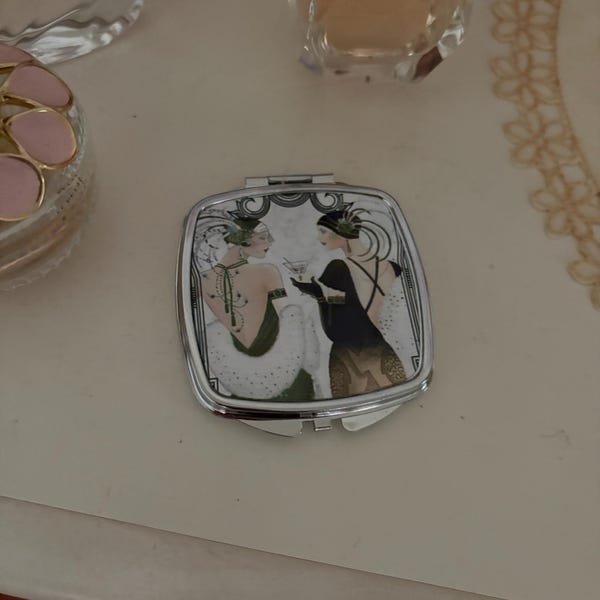Art Deco Compact Mirror in Teal and Gold, Vintage Makeup Compact, Past ...