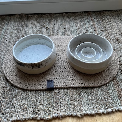 Ceramic Dog Bowls Set With Jute Pet Rug. Modern Pet Slow Feed Bowl. Dog ...