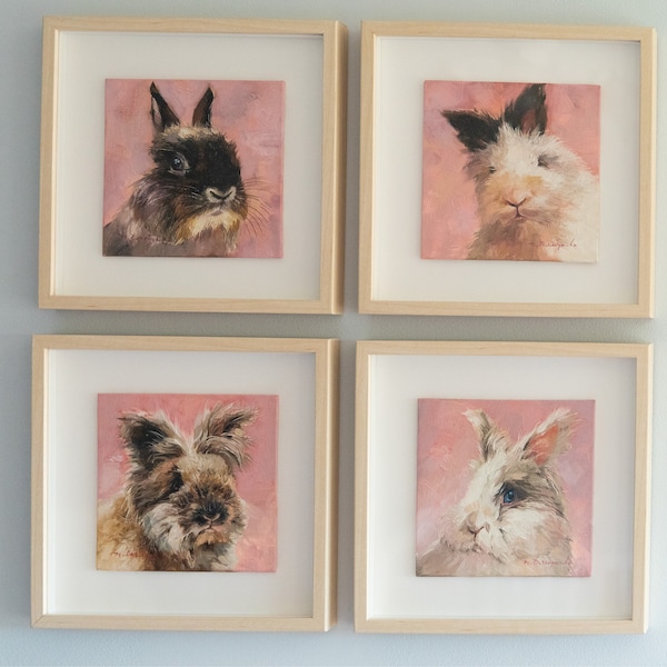 Cute Rabbit Painting Original Oil Framed 4x4, Small Framed Art Black ...