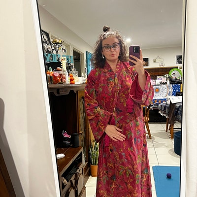 OFMD Pink Bird Velvet Banyan Fabric Kimono Cotton Velvet Robe Long ...