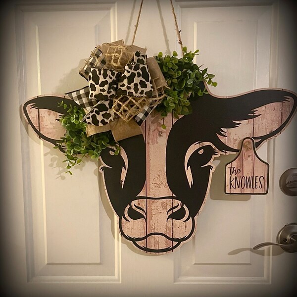 Cow Door Hanger - Cow Print Wreath - Cow Tag Door Hanger - Personalized ...