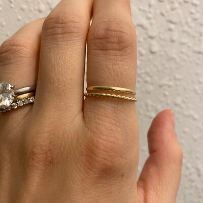 14k Minimalist Solid Gold Braided Rope and 14k Solid Gold Thin Band Ring Set, Stacking Rings ...
