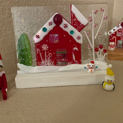 Fused Glass Red Santa's Workshop Panel With Stand, Table Top Holiday ...