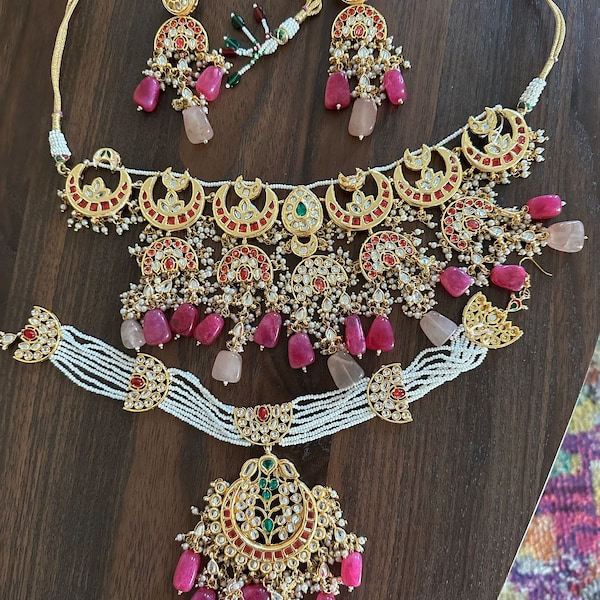Emerald Green Gold Sabyasachi Inspired Kundan Bridal Necklace Set ...