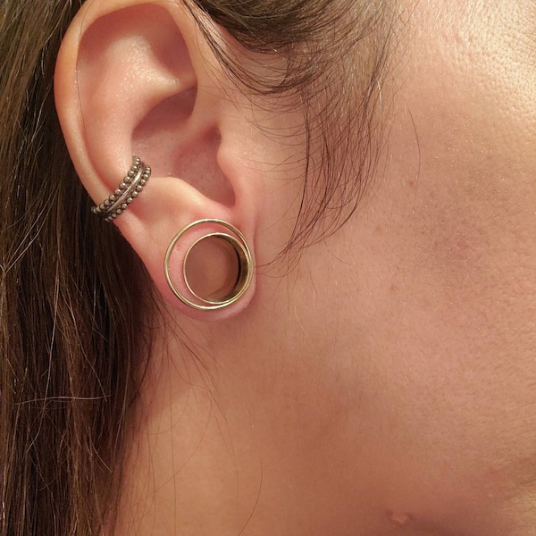 Yellow Gold Orb Gauges ~ Circle Hoop Plug Earrings ~ Yellow Gold Dipped ...