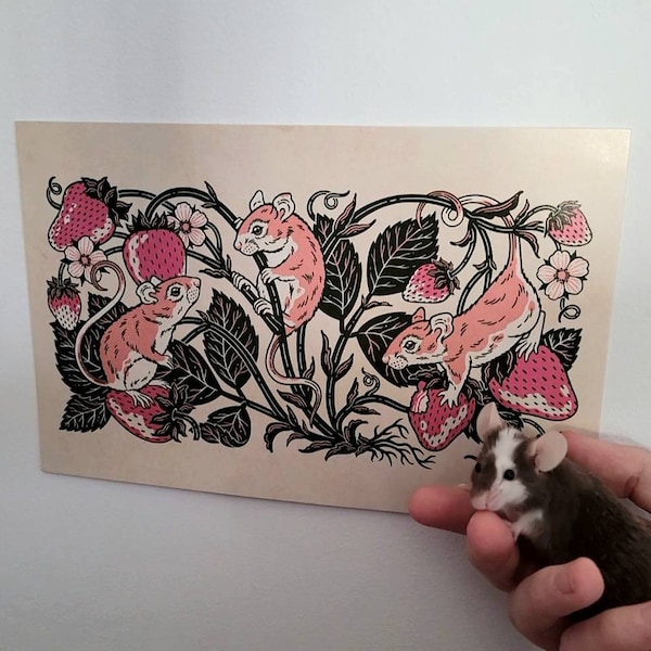 Strawberries & Mice Art Print - Botanical Illustration - Mini Art Print ...