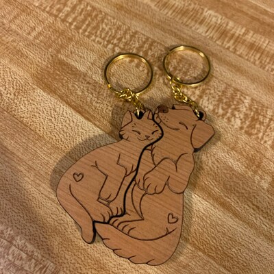 Dog and Cat Couple Keychains Friendship or Relationship Matching Wooden ...