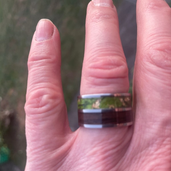 Titanium Wedding Band With Dark Oak, Titanium Ring With Hydrangea Green ...