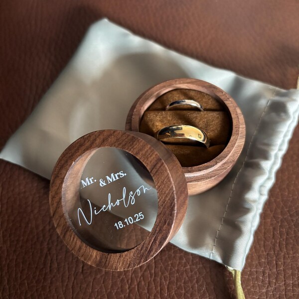 Custom Wooden Wedding Ceremony Round Ring Box, Clear Acrylic Cover ...