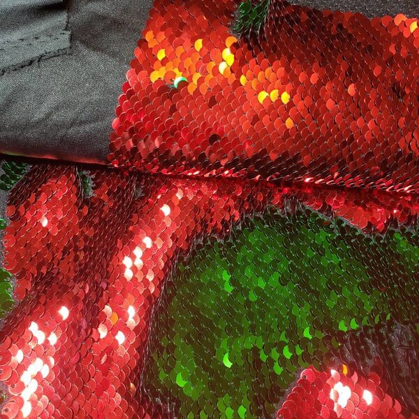 Storm RED GREEN Mermaid Two Tone Flip up Reversible Sequins Fabric by ...