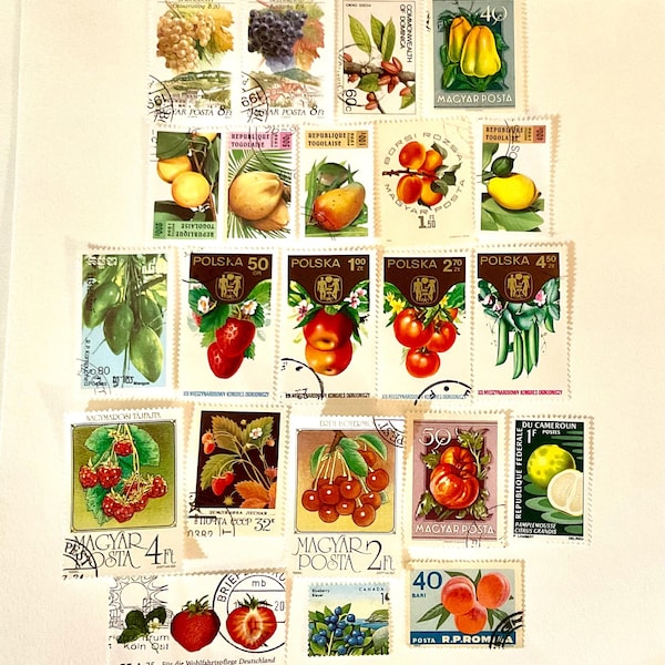 18 FRUITS & VEGETABLES and NUTS World Vintage Cancelled Postage Stamps ...