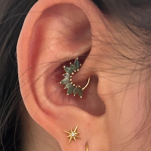 14K Gold Moss Agate Earring Threadless Push Pin Stud Dainty Fan Shape ...