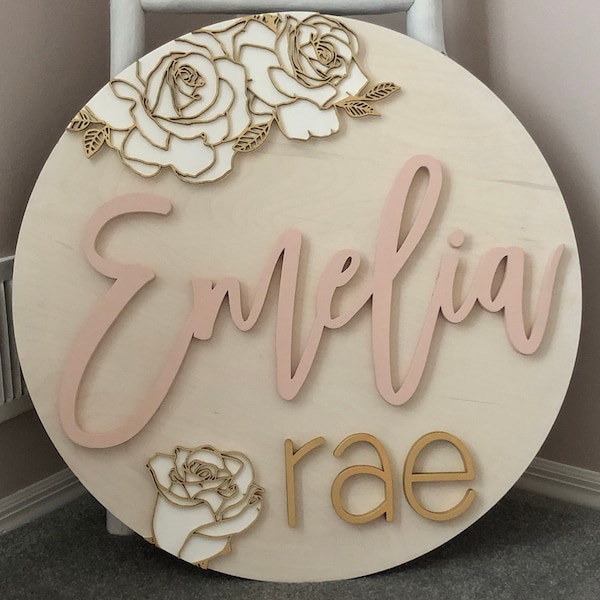 Wooden Name Sign Roses | 3D Name Sign Wood | Rose Nursery Decor |floral ...