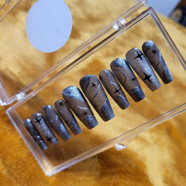 Black Stars Press on Nails, Black Coffin Nails, Custom Fake Nails, Handpainted False Nails ...