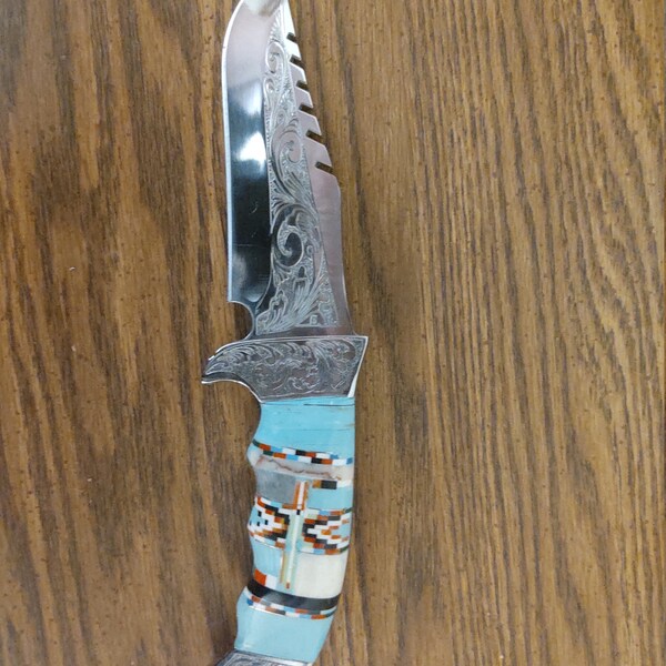 Southwestern Inlay Knife With Leather Sheath - Turquoise Inlay With ...