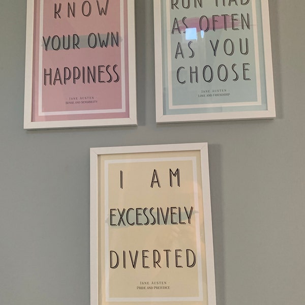 Jane Austen Minimalist Literary Quote Wall Art Prints Set - Pride and ...