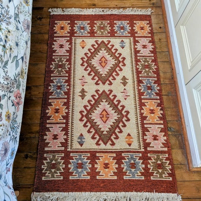 Rust Earth Cream Turkish Kilim Area Rug / Turkish Rug / Ikat Rug ...