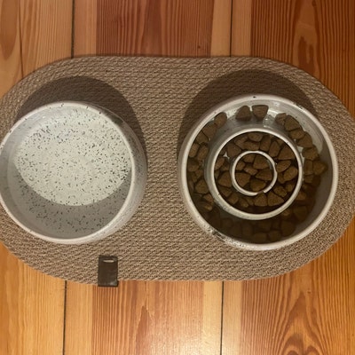 Ceramic Dog Bowls Set With Jute Pet Rug. Modern Pet Slow Feed Bowl. Dog ...