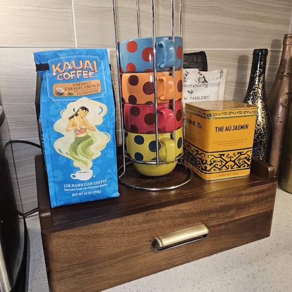 Custom Engraved Office Tea Station With Tea Bag Drawer Solid Wood Tea ...