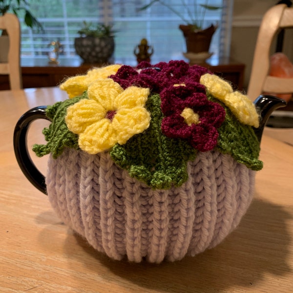 Crochet Red Tea Cozy Blue Yellow Flowers - Knitted Tea Pot Warmer ...