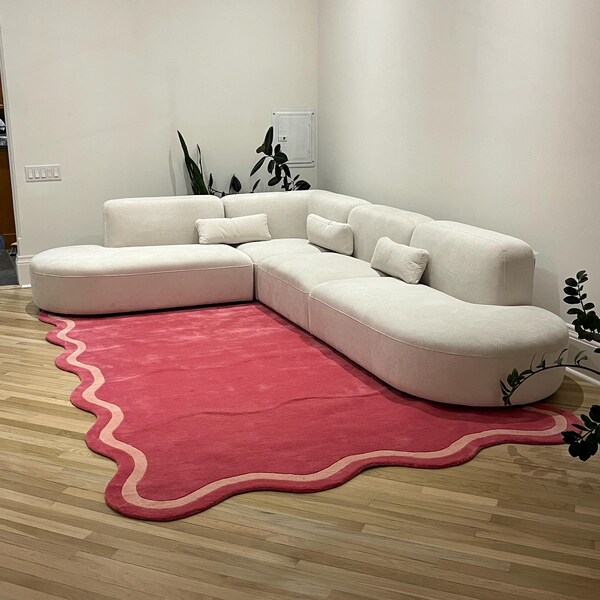 Hand Tufted Scalloped Rug Watermelon Pink Rug Irregular Shaped Rug Hand ...