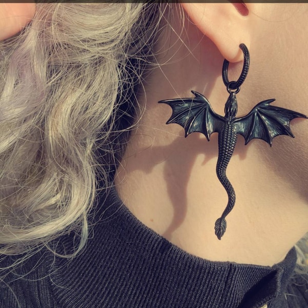 Dragon Hoop Earrings, Gothic Jewelry, Large Hoops, Gothic Stainless ...