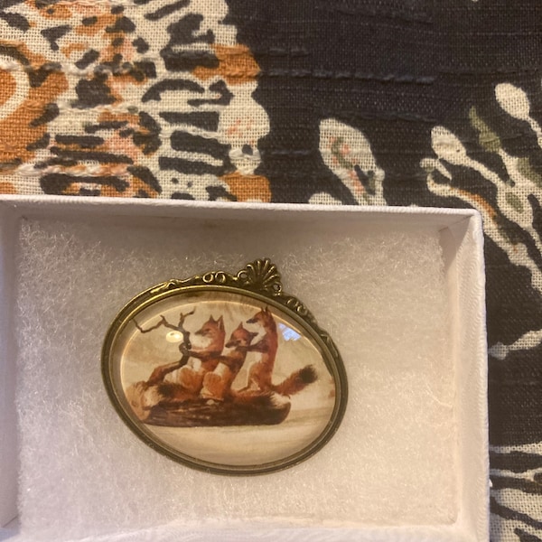 Sledding Foxes Brooch: Victorian Winter Art, Bronze Tone Setting, Fine ...