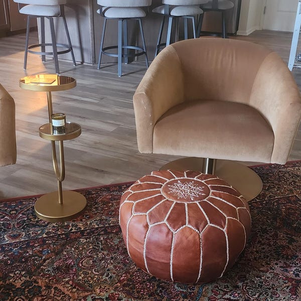 Moroccan POUF **70% OFF** With White Stitching Leather Pouf Ottoman ...