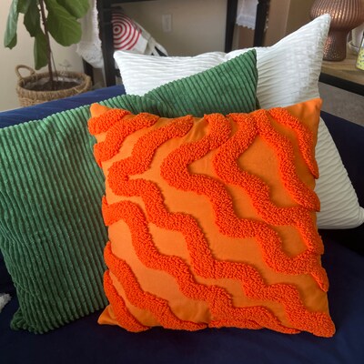 Punch Needle Vibrant Wavy Lines Pillow, Hand Tufted Orange Color Throw ...