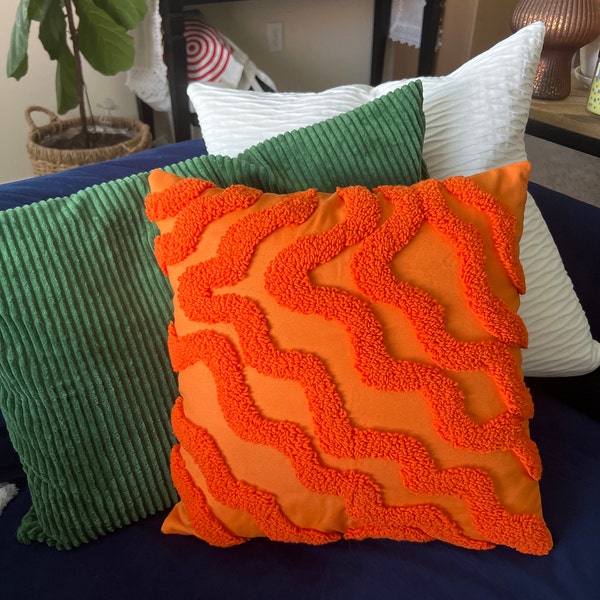 Punch Needle Vibrant Wavy Lines Pillow, Hand Tufted Orange Color Throw ...