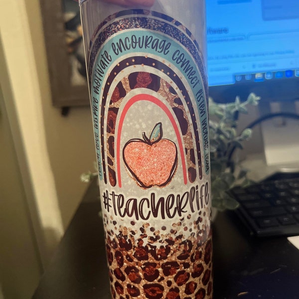 20 Oz Skinny Tumbler Rainbow Leopard Glitter Teacher Tumbler Pencil ...
