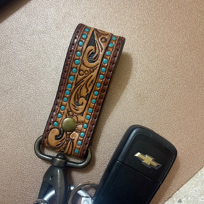 Tooled Leather Tab Key Fob - Etsy