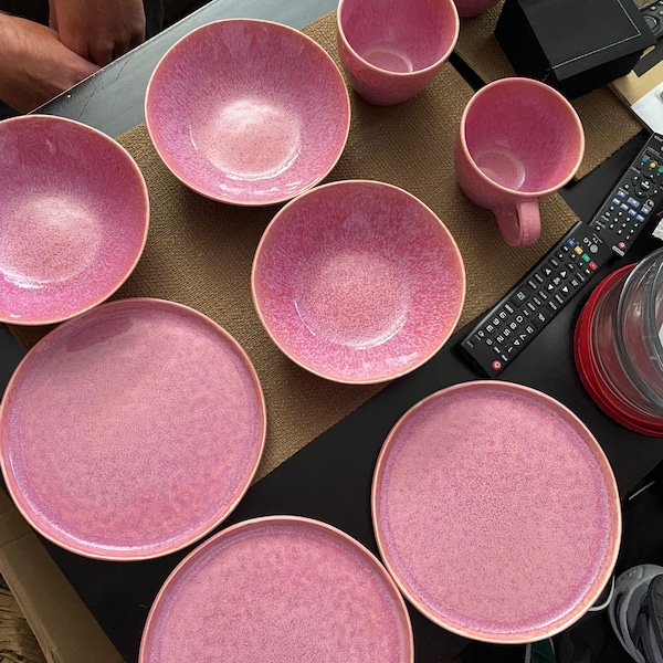 Boho Pink Dinnerware Set | Handmade Stoneware Plates & Cup | Modern ...