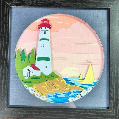 LIGHTHOUSE 3D Box Paper Cut Light Box SVG, Lighthouse Sunset Shadow Box ...