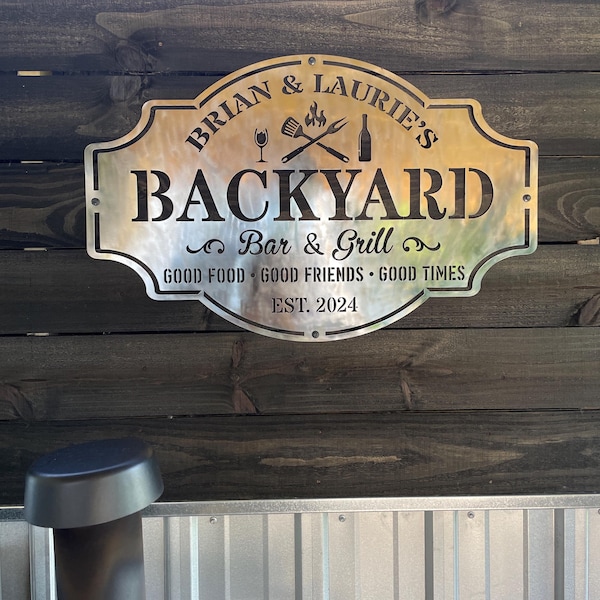 Personalized Backyard Bar & Grill Sign - Custom Metal Outdoor Kitchen ...
