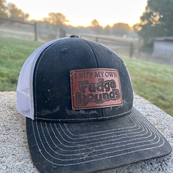 Funny Hunter With Rifle & Bow Snack Cake SEWN LEATHER PATCH | 7 Panel ...