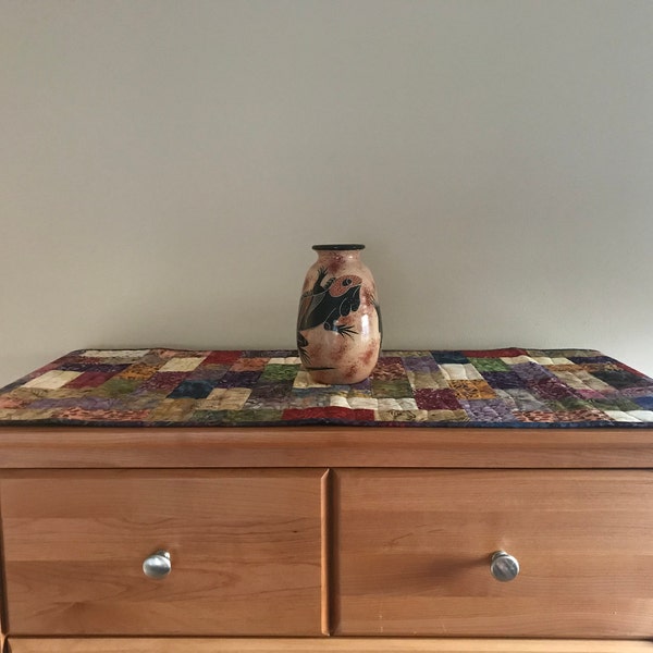 Quilted Batik Table Runner in Earth Tones With Blue, Modern Quilted ...