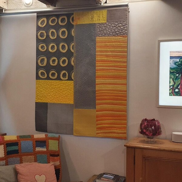 Contemporary Quilt Wall Art in Red and Orange, Large Statement Quilted ...