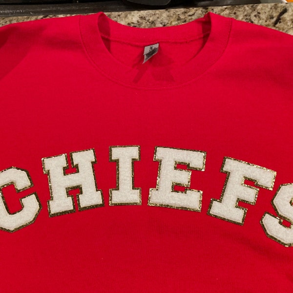 CUSTOM Chenille Patch Sweatshirt, Personalized Chenille Patch Shirt, Customized Varsity Glitter ...