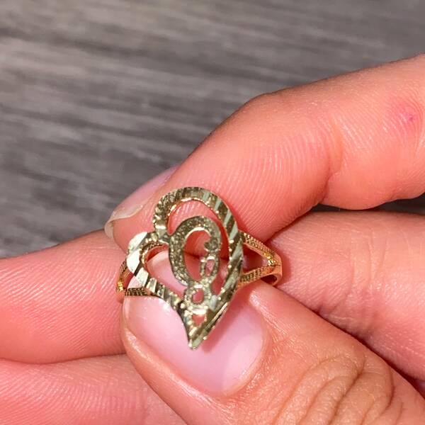 10k Yellow Gold Solid Slanted Heart Cursive Initial Ring With Diamond ...